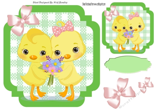 Green Check with border 8x8 card front with cute chicks & bows ...