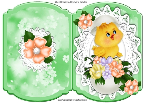 Pretty spring chick on easter egg, lace and flowers bracket card ...
