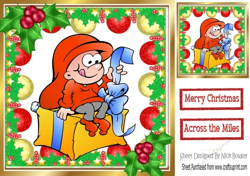 Cheeky elf sitting on a present in holly and bauble 8x8 frame ...