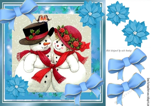 Cute cuddling snowmen with blue bows 8x8 - CUP1137311_415 | Craftsuprint
