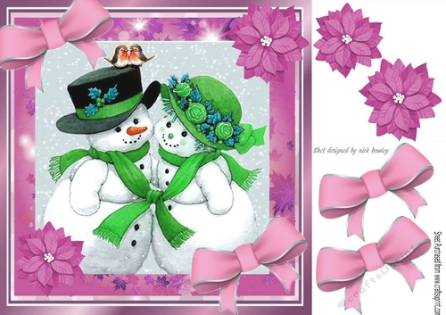 cute snowman cuddling with pink bows 8x8 - CUP1137353_415 | Craftsuprint