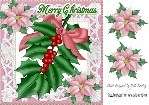 Pretty holly with pink bow/lace and poinsettias 8x8 - CUP1138657_415 ...