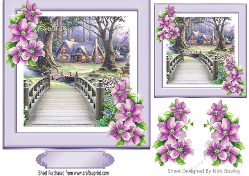 Pretty Country Cottage and bridge with lilac flowers 7x7 card front ...