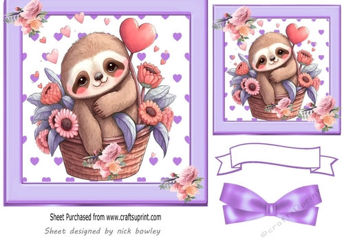 Lovely Purple Heart Toppers with a cute valentines sloth 7x7 with Bow ...