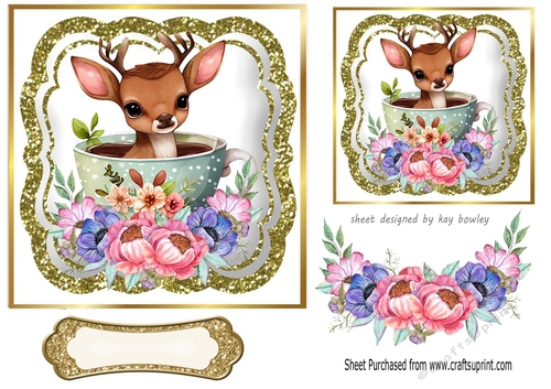 Pretty Deer in A Teacup with Flowers And Glitter Topper 7x7 (three ...