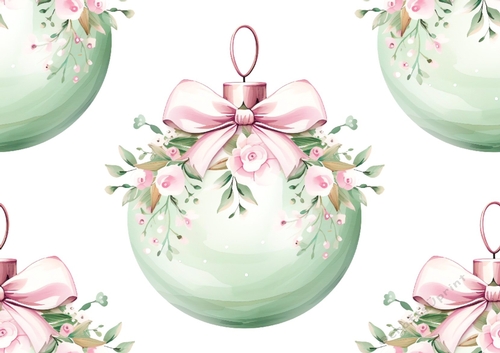 Pastel Pink/Mint Christmas Baubles Pink Bows Backing Paper (Big ...