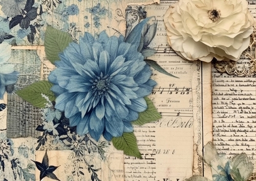 Lovely Old Script A4 With Blue Flowers - CUP1257957_415 | Craftsuprint