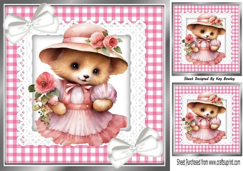 Pretty Pink Gingham and lace, Teddy Bear & Bows 8x8 - CUP1258926_415 ...