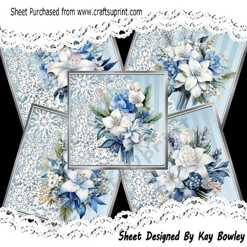 5 Winter Blue Flowers On Snowflake Borders 8x8 Card Mini Kit ...
