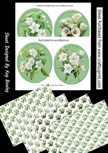4 Pretty White Floral Green Toppers, 4 A4 Matching Backing Papers Mini ...