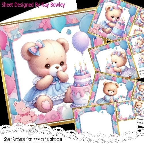 4 Birthday Teddies With Pink/Blue Balloons 8x8 Cards Mini Kit ...