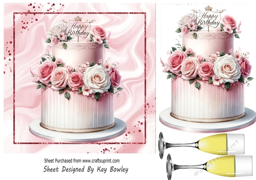 Pretty Pink Birthday Cake With Roses & Wine 7x7 (One) - CUP1296557_415 ...