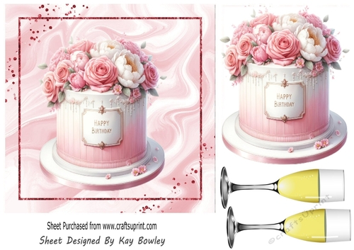 Pretty Pink Birthday Cake With Roses & Wine 7x7 (Four) - CUP1296566_415 ...