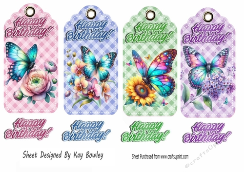 4 Coloured Birthday Gingham Tags/Toppers With Butterflies & Flowers ...
