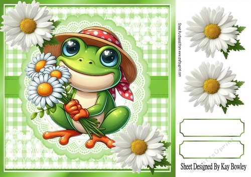 Cute Frog With Daisies Card Front Green Gingham 8X8 Frame (FOUR ...