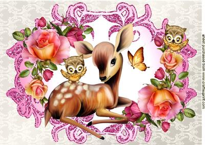 Cute Little Deer in Frame of Roses with Owls A4 - CUP414754_415 ...