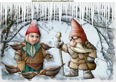 Gnomes Feeding the Birds in the Snow in Icicle Glen A4 - CUP446234_415 ...