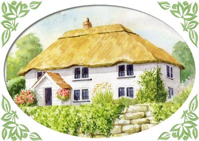Pretty Thatched White Cottage in Oval Frame A4 - CUP475737_415 ...