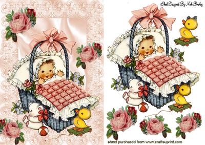 Vintage Baby Girl in a Basket with Bow and Roses - CUP512420_415 ...