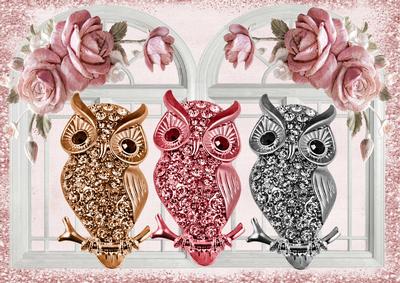 Diamond Owls on Branches with Pink Roses A4 - CUP512791_415 | Craftsuprint