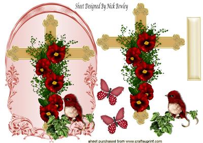 Pretty Red Flowers on Gold Cross with Birds - CUP597461_415 | Craftsuprint