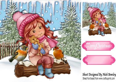 Little Girl Cuddling Her Kitty in the Snow with Robins 8x8 - CUP649526 ...