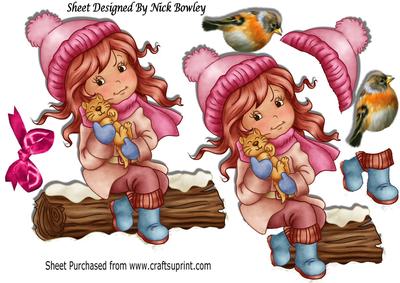 Little Girl Cuddling Her Kitty in the Snow with Robins A4 - CUP649527 ...