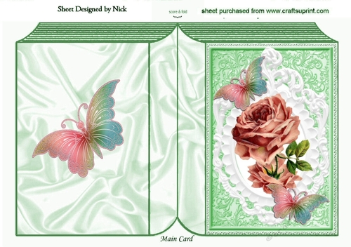 Pretty pink vintage rose in white ornate frame with butterflies folded ...