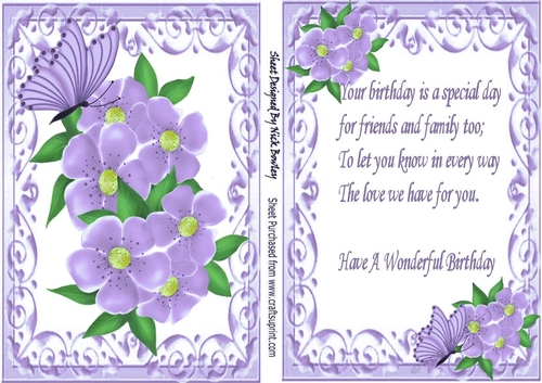 Pretty purple flowers in ornate card front with matching insert with ...