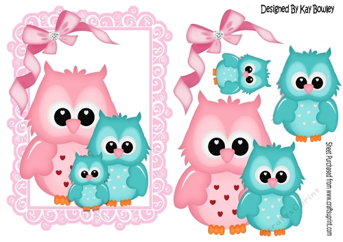 Cute owls in ornate frame with sparkle bow - CUP730432_415 | Craftsuprint
