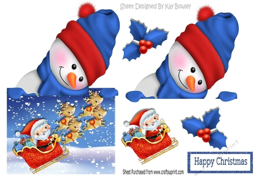 Lovely snowman in blue watching santa over the edge - CUP753587_415 ...