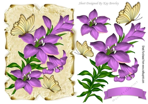 Pretty lilac lilies on a scroll with gold butterflies - CUP756031_415 ...