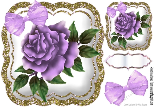 pretty painted lilac roses with organza bow in gold glitter 8x8 frame ...