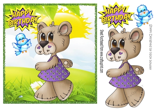 Tilly bear in her purple dress taking a walk with little blue bird 8x8 ...