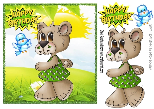 Tilly bear in her green dress taking a walk with little blue bird 8x8 ...