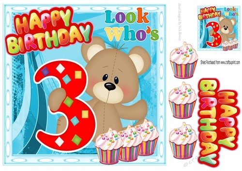 Look whos THREE, Lovely Birthday bear with present 8x8 - CUP777933_415 ...