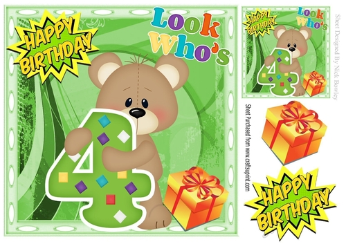 Look whos FOUR, Lovely Birthday bear with present 8x8 - CUP777972_415 ...