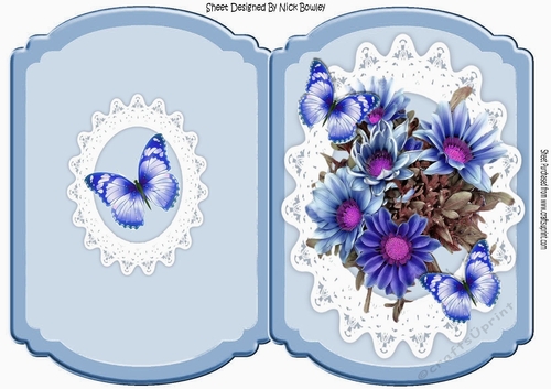 pretty blue flowers with butterflies on oval lace bracket card ...