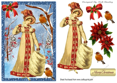 vintage lady in her winter coat in the snow with robins A5 - CUP800949 ...