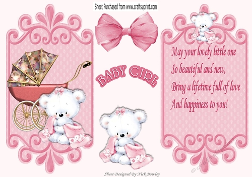 Pram with cute little teddy holding pink blanket card front with insert ...