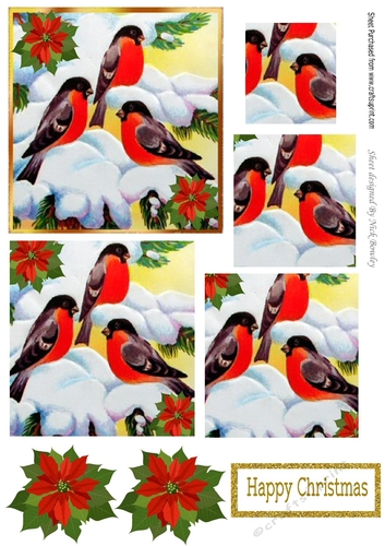 Lovely painted robins playing in the snow with poinsettias pyramids ...