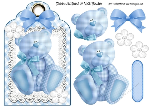 Lovely blue gingham bear on a tag with lace & bow - CUP820668_415 ...