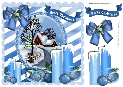 pretty blue candles with bow and cottage with snow 8x8 - CUP821990_415 ...