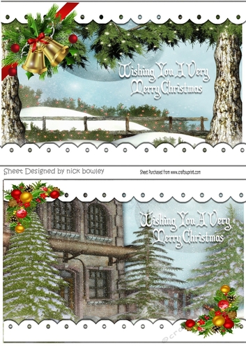 two lovely snow scene with bells and holly card front/toppers A5 ...