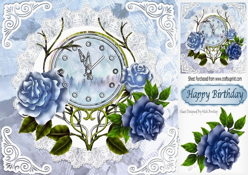 Nearly Midnight! with vintage clock & blue roses with lace 8x8 ...