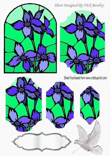 pretty stained glass window & blue flowers, dove, bracket pyramids ...