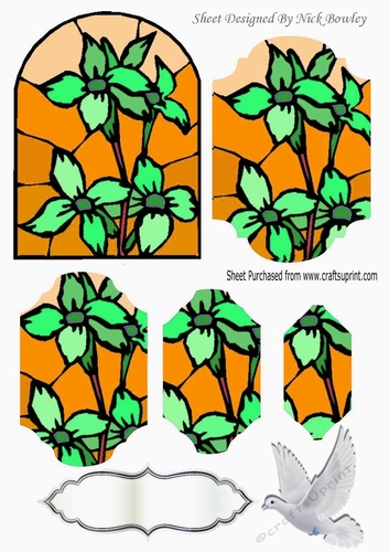 pretty stained glass window & green flowers, dove, bracket pyramids ...