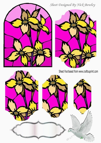 pretty stained glass window & gold flowers, dove, bracket pyramids ...