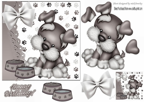 cute little puppy with bow and dog bowls (smaller card four ...