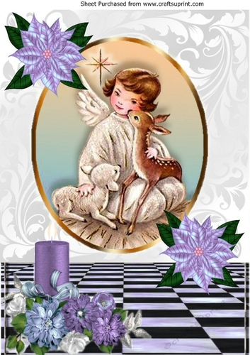 Sweet Angel with deer in glitter frame & lilac candle & poinsettias A4 ...
